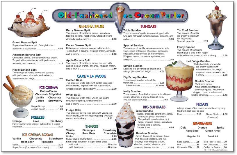 Menu Math Old Fashioned Ice Cream Parlor 6 Extra Menus