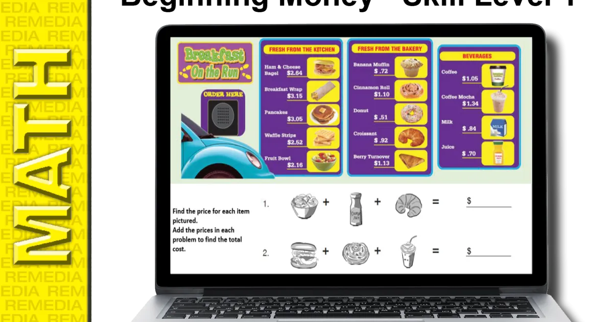 Drive-Thru Menu Math Beginning Money Skills Level 1 - Menu with Slides ...