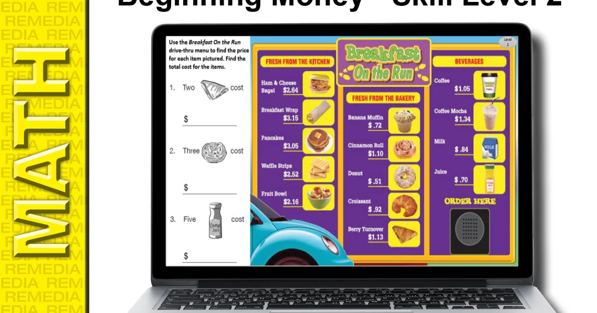 Drive-Thru Menu Math Beginning Money Skills Level 2 - Menu with Slides ...