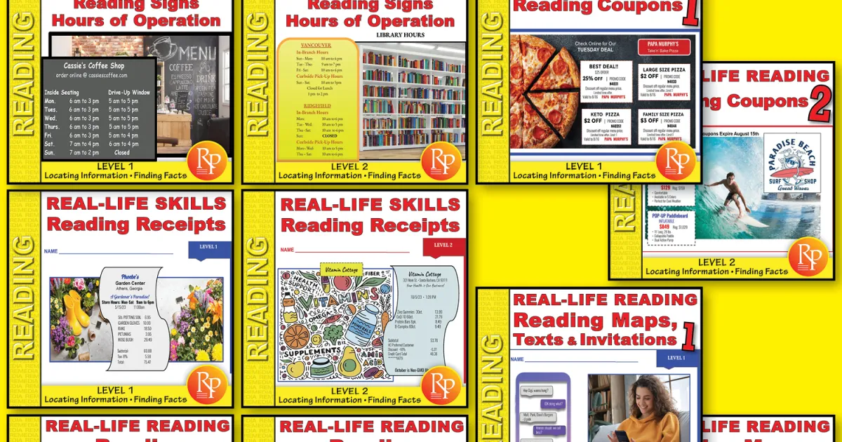 reading, set, life skills, signs, coupons, receipts, maps