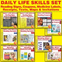 reading, set, life skills, signs, coupons, receipts, maps