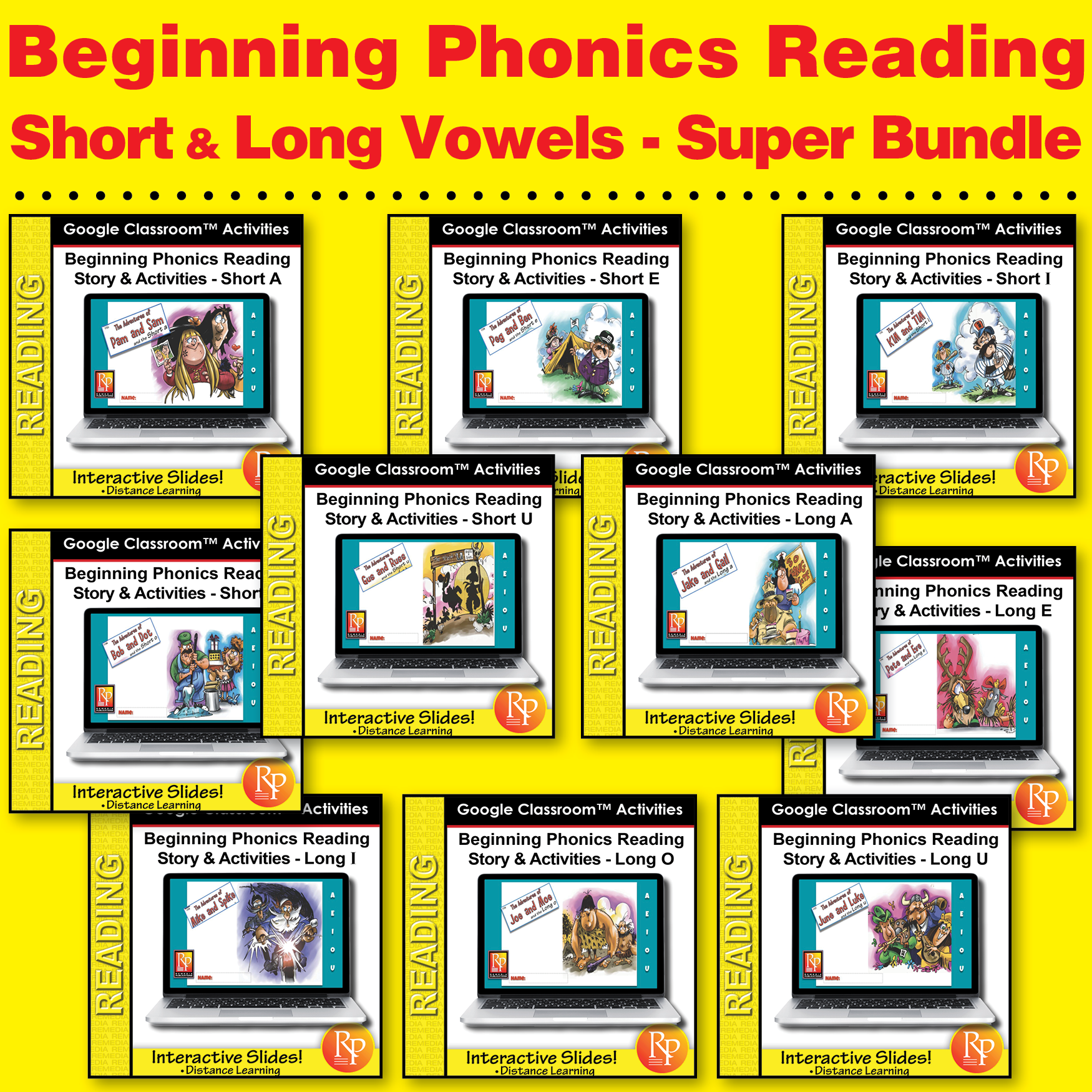 Beginning Phonics Reading-Vowels BUNDLE- GOOGLE CLASSROOM ACTIVITY SLIDES
