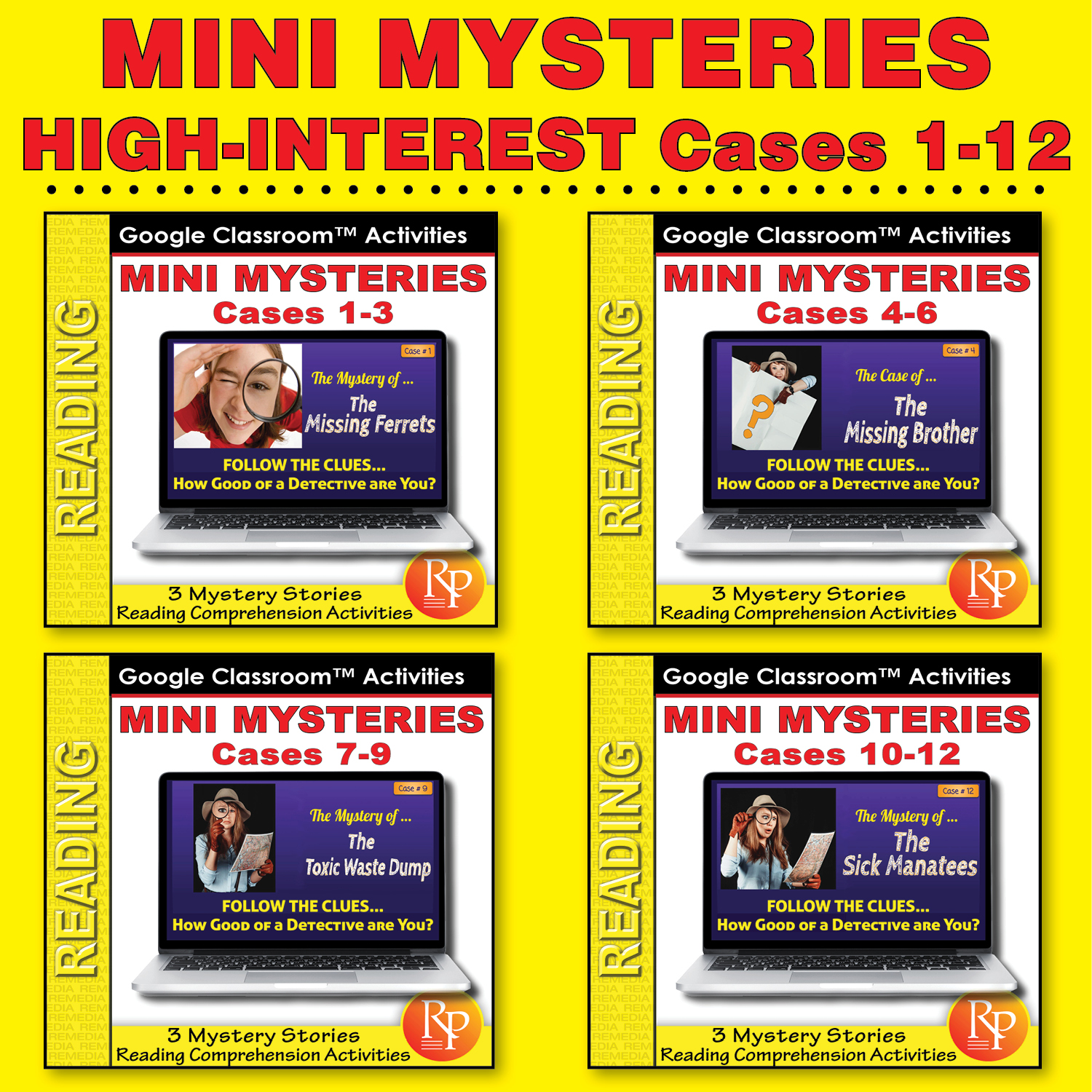 12 Mini Mysteries & Scaffolded Reading Activities (Cases 1-12) Google Set